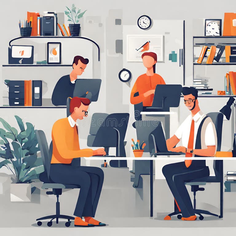 Illustration of People Working in the Office with a Computer Stock ...