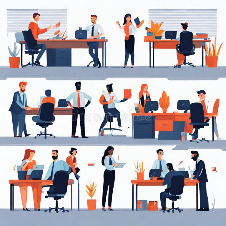 Illustration of People Working in the Office with a Computer Stock ...