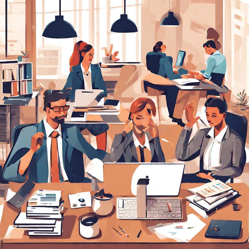 Illustration of People Working in the Office with a Computer Stock ...