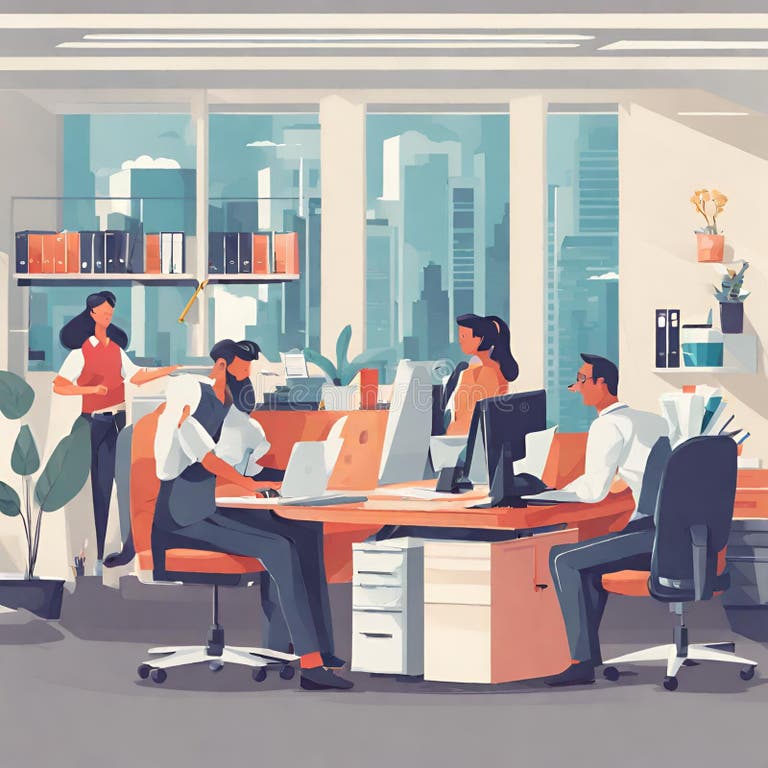 Illustration of People Working in the Office with a Computer Stock ...