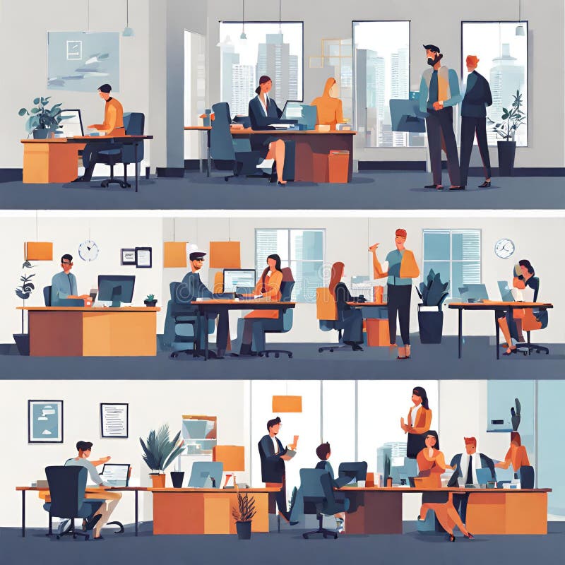 Illustration of People Working in the Office with a Computer Stock ...