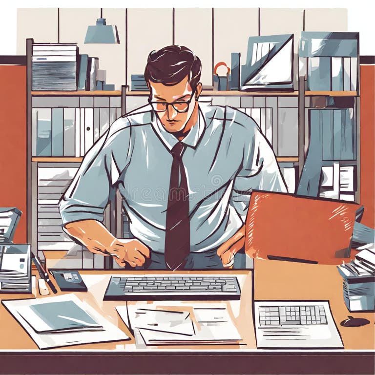 Illustration of People Working in the Office with a Computer Stock ...