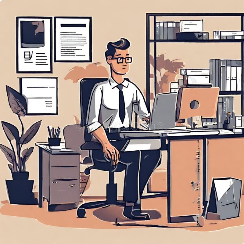 Illustration of People Working in the Office with a Computer Stock ...