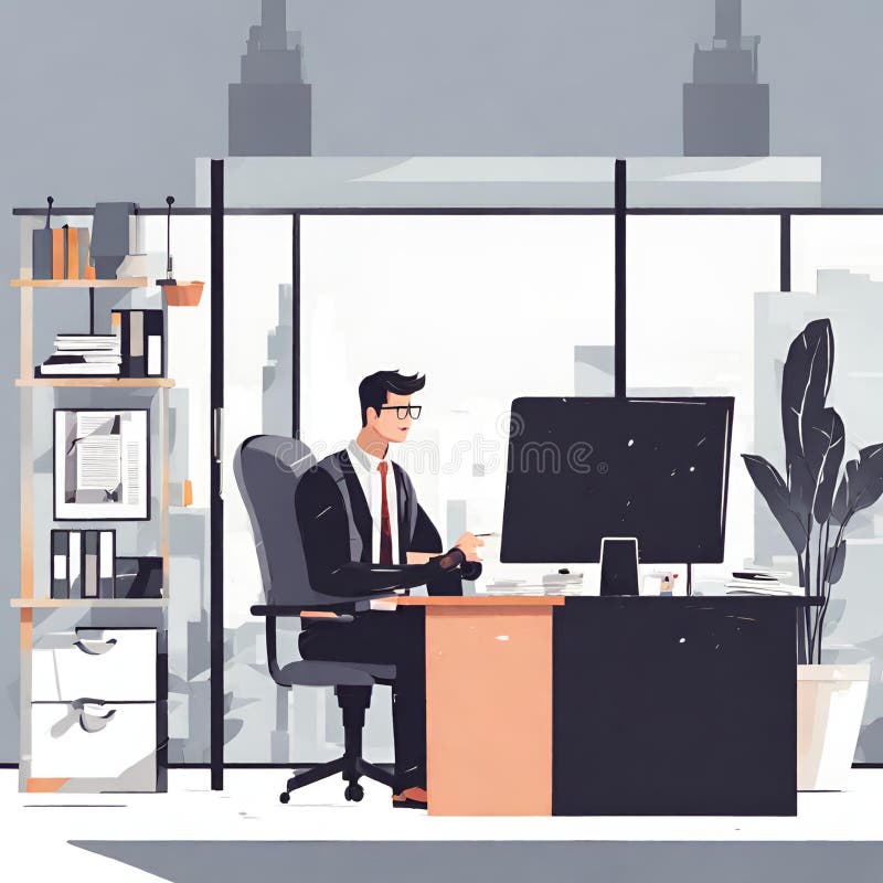 Illustration of People Working in the Office with a Computer Stock ...