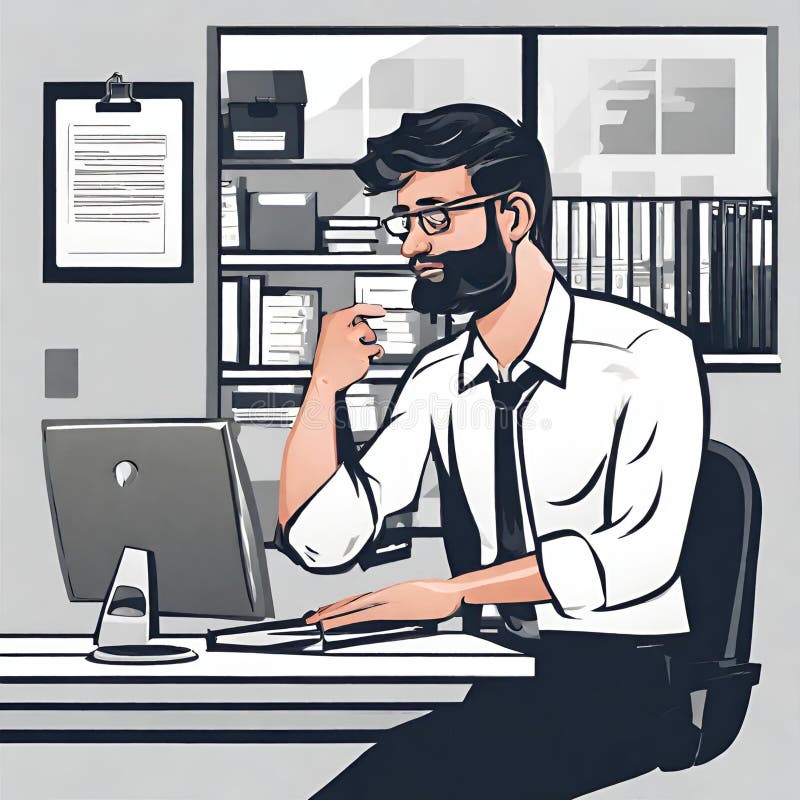 Illustration of People Working in the Office with a Computer Stock ...