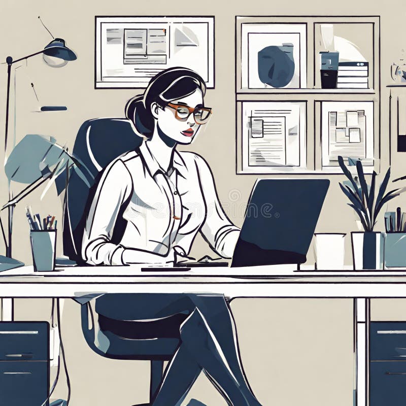 Illustration of People Working in the Office with a Computer Stock ...