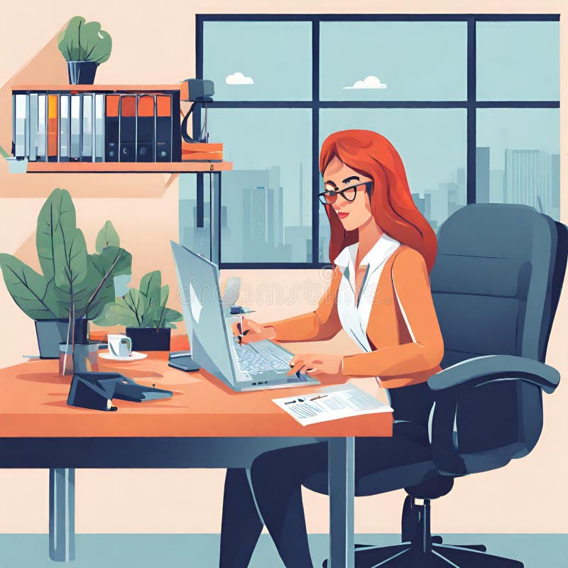 Illustration of People Working in the Office with a Computer Stock ...