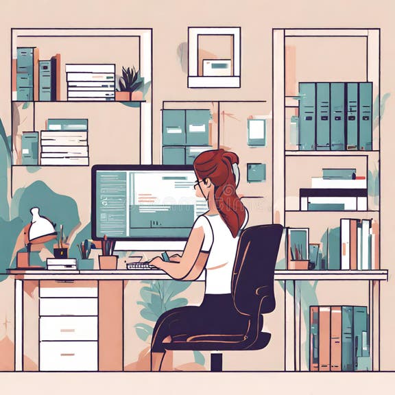 Illustration of People Working in the Office with a Computer Stock ...