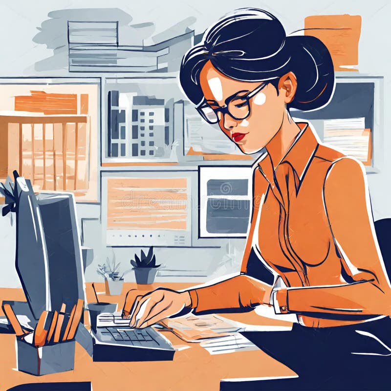 Illustration of People Working in the Office with a Computer Stock ...