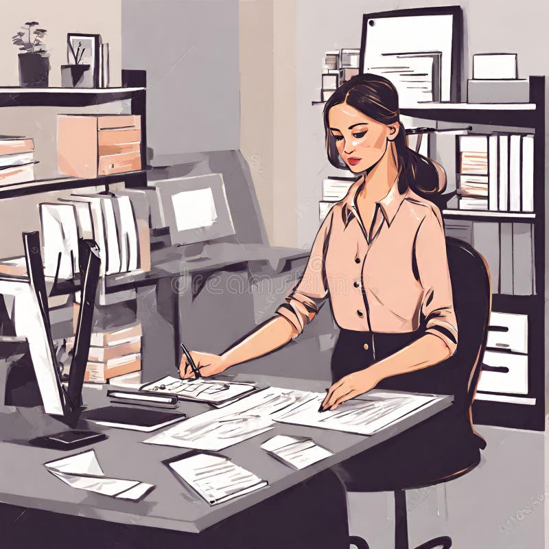 Illustration of People Working in the Office with a Computer Stock ...