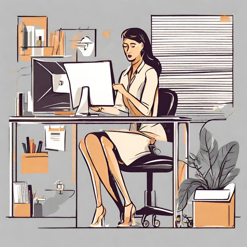 Illustration of People Working in the Office with a Computer Stock ...