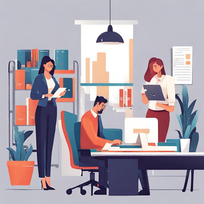 Illustration of People Working in the Office with a Computer Stock ...