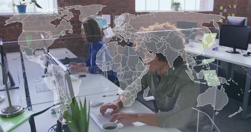 People Working at Office Desks with World Map Animation Overlay Stock ...