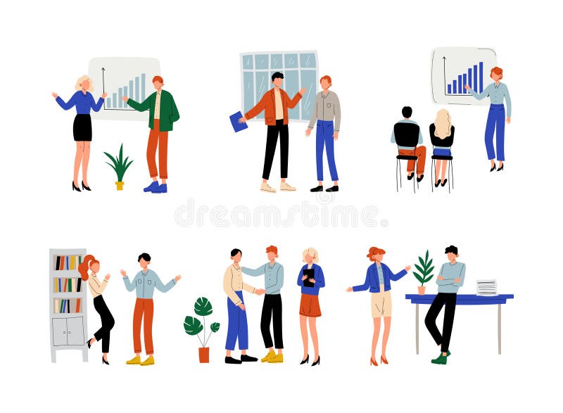 People Working in Office Set. Colleagues Communicating, Doing ...