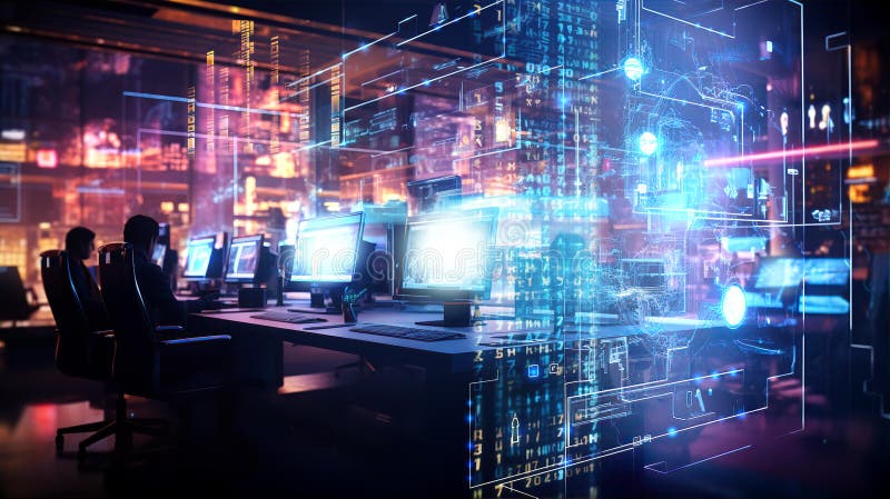 People Working in Open Space Glass Cube with Projecting Running Digits ...