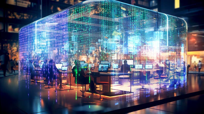 People Working in Open Space Glass Cube with Projecting Running Digits ...