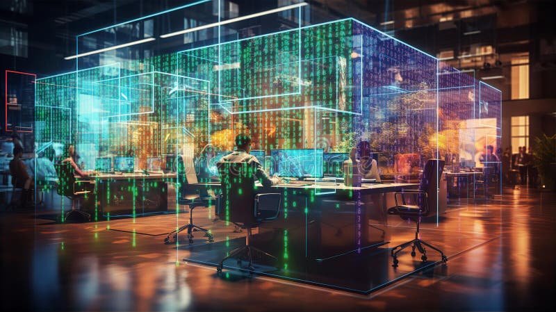 People Working in Open Space Glass Cube with Projecting Running Digits ...
