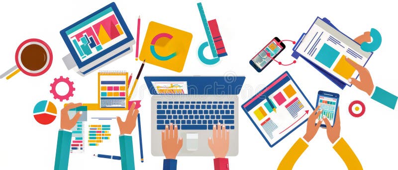 People are Working on a Project, with a Laptop, Cell Phones. Concept of ...