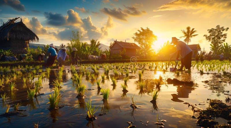 People Working in a Rice Field at Sunset Stock Photo - Image of ...