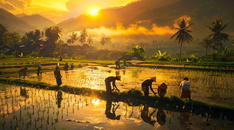People Working in a Rice Field at Sunset Stock Photo - Image of outdoor ...