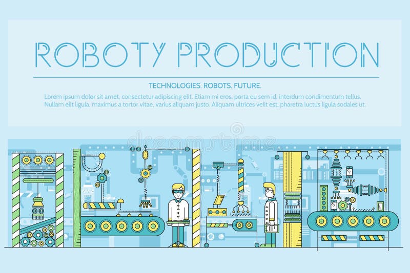 People Working on Robots Assembly Line Vector Outline Concept. Robotic ...