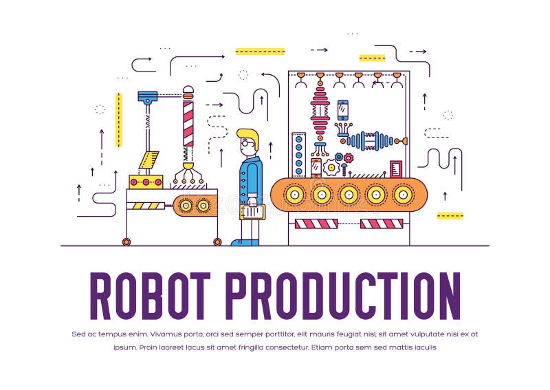 People Working on Robots Assembly Line Vector Outline Concept. Robotic ...