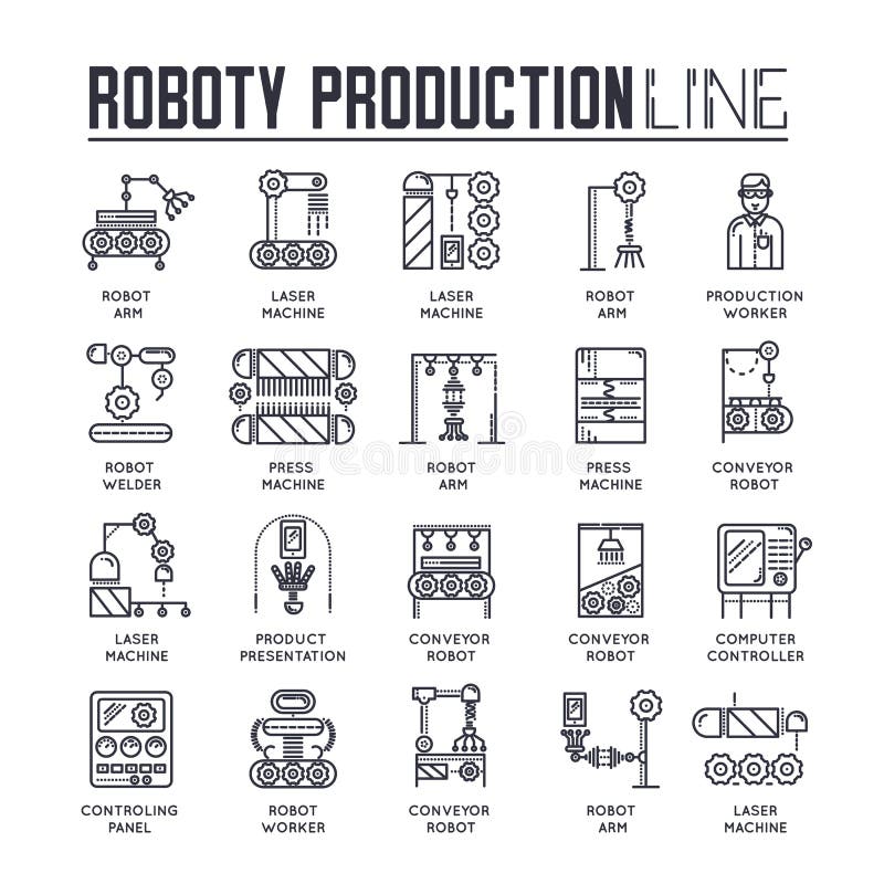 People Working on Robots Assembly Line Vector Outline Icons. Robotic ...