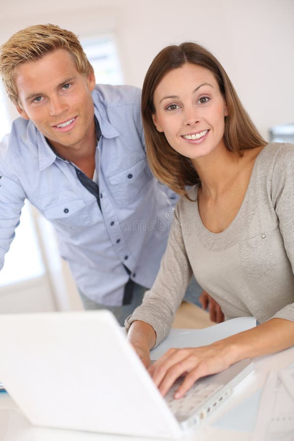 People Working Together with Computer Stock Image - Image of team, desk ...
