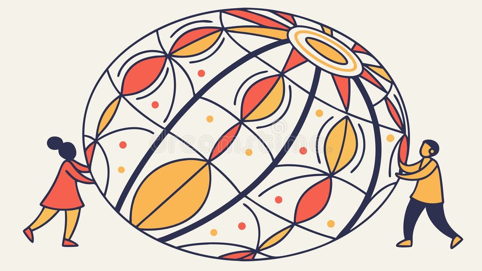 People Working Together To Push a Large Patterned Globe Forward, Vector ...