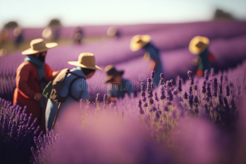 People Working Under the Sunlight in Lavender Production Field Stock ...