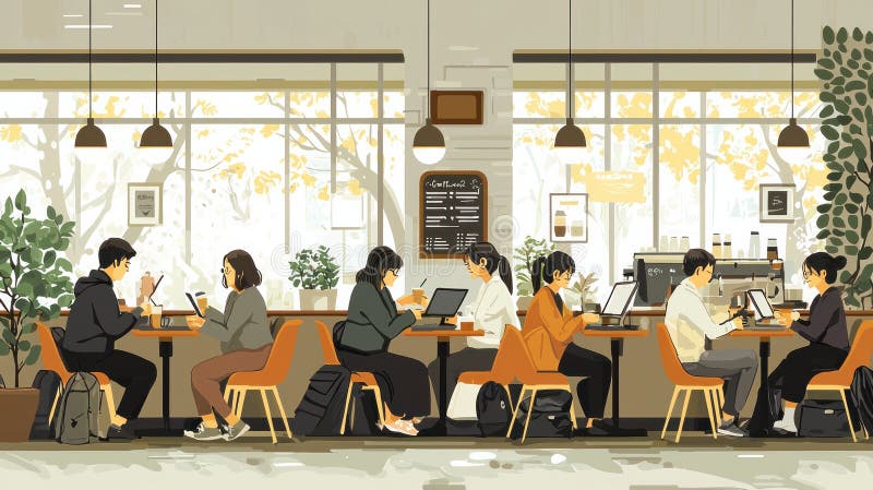 People Working and Using Digital Devices at a Cafe with Large Windows ...