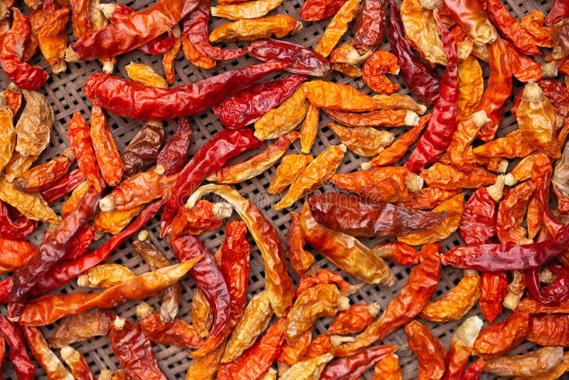 Peperoncini Rossi Rossi E Gialli Secchi Sul Canestro Di Trebbiatura ...