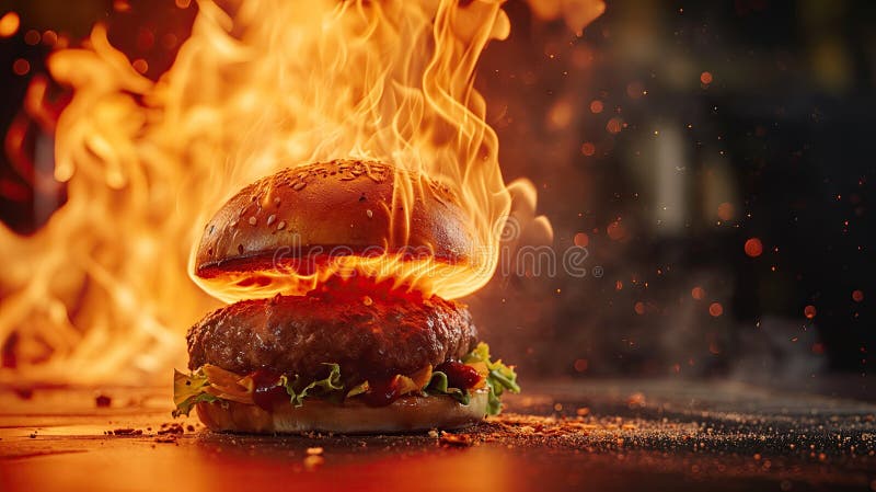 Pepper Burger Burning on Fire Stock Photo - Image of chilly, chef ...