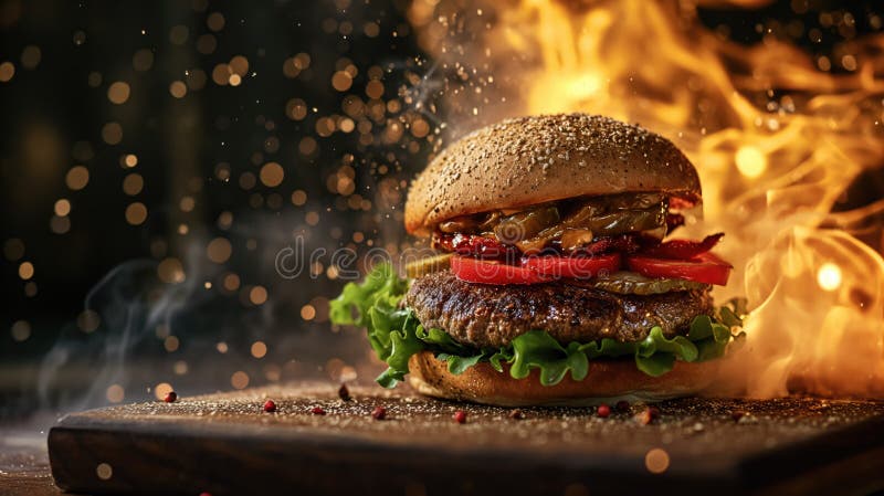 Pepper Burger Burning on Fire Stock Image - Image of label, chef: 306017803