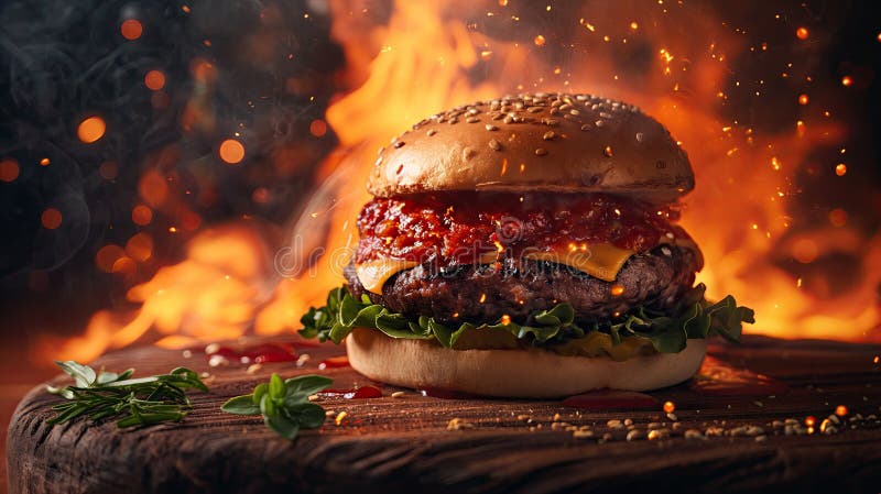 Pepper Burger Burning on Fire Stock Image - Image of sauce, asian ...