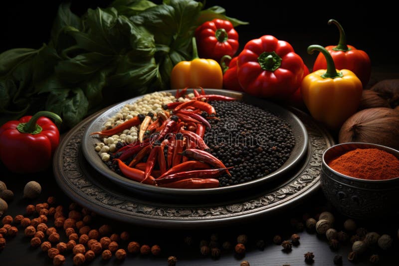 Pepper Grains with Peppers in Spoon and Red Peppers on a Plate on the ...