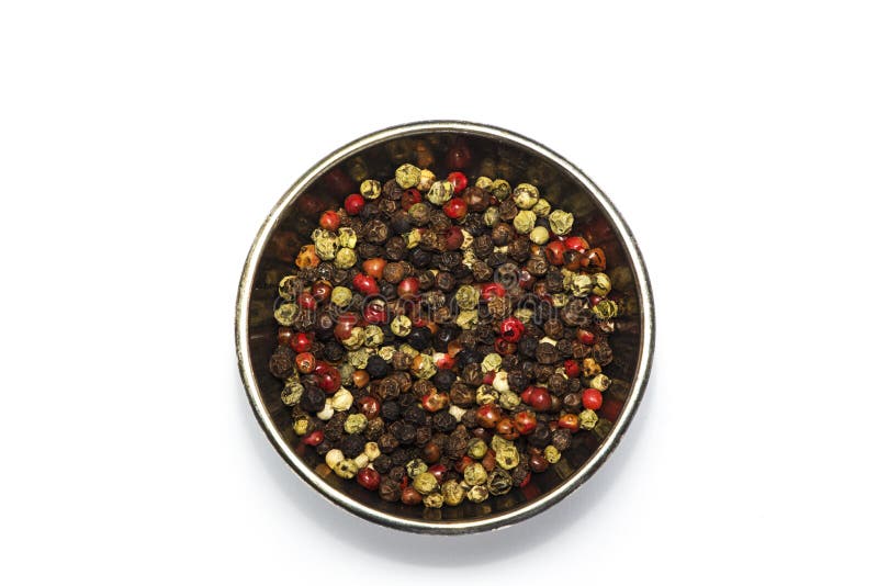 Pepper Grains are Red, Black, White Spices, Float in a Silver Bowl ...