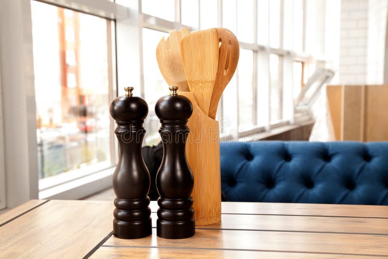 Pepper Mill on the Table. European Cuisine Stock Photo - Image of salt ...