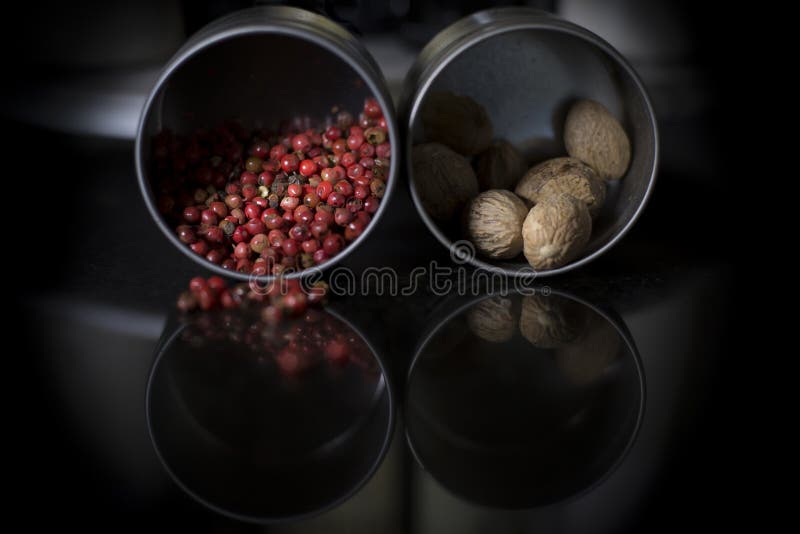 Pepper and nutmeg stock photo. Image of table, raspberry - 82699454