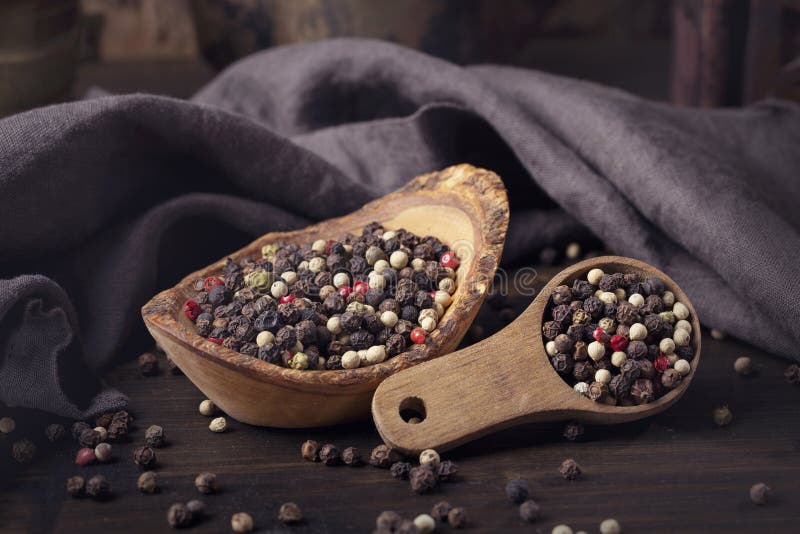 Pepper seeds mix stock photo. Image of mortar, white - 229663694