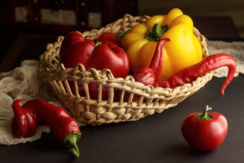 Pepper in a wicker basket stock photo. Image of vegetables - 103991866