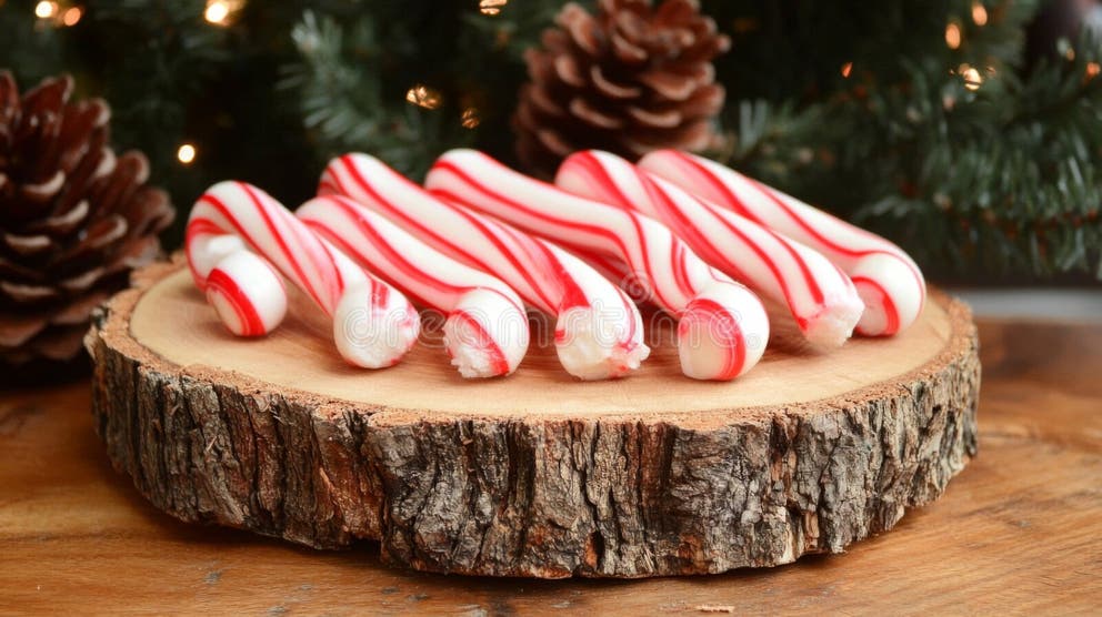 Peppermint Candy Canes on Rustic Wooden Slice Stock Illustration - Illustration of dessert, gift ...