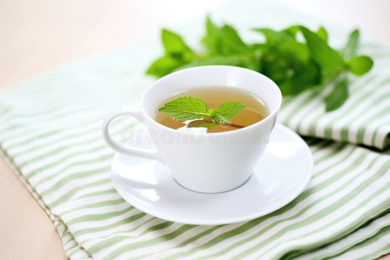 Peppermint Tea in Cup with Fresh Mint Bundle, White Cloth Stock Image ...