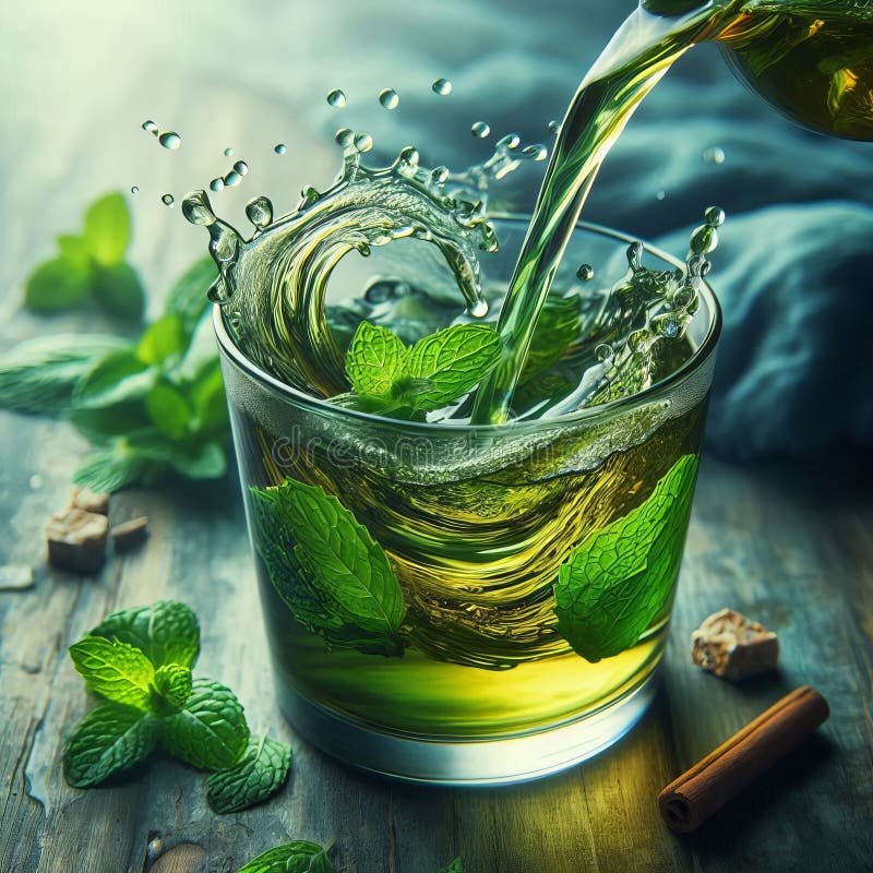 Peppermint Tea into Glass a Green Peppermint Tea is Poured into Stock ...