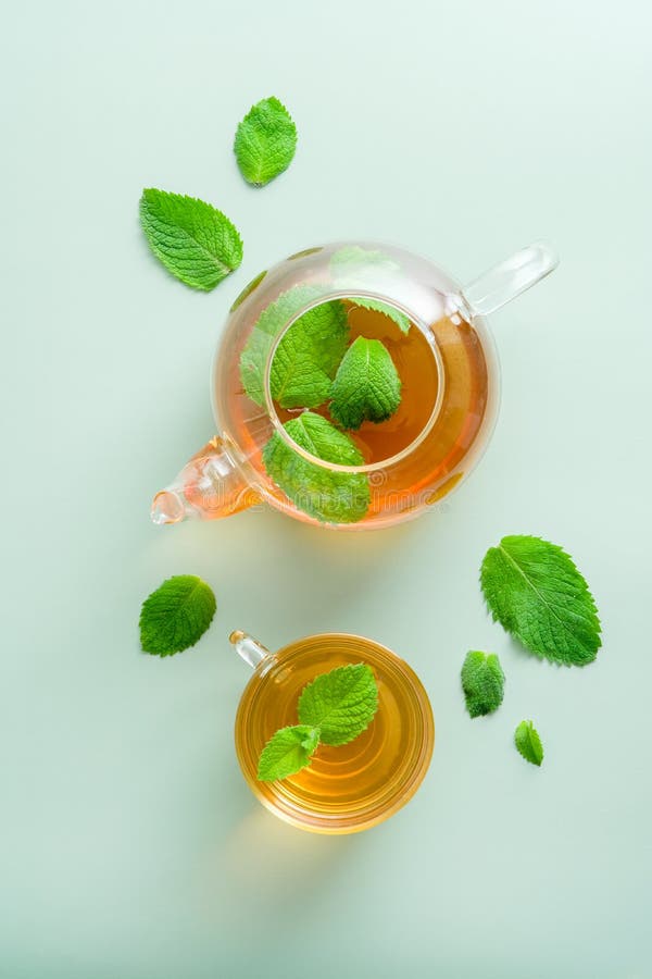 Peppermint Teacup and Teapot with Mint Leaves on Green Background. Flat ...