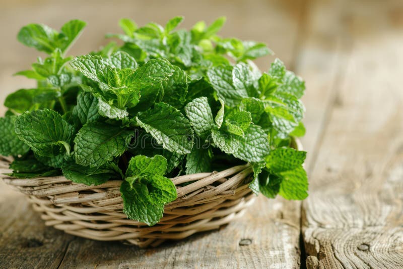Peppermint in Wicker Basket or Bowl on Wooden Table. Generative AI ...