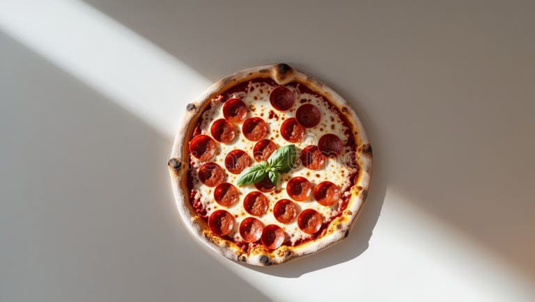 A Pepperoni Pizza with a Basil Leaf on Top Stock Image - Image of ...