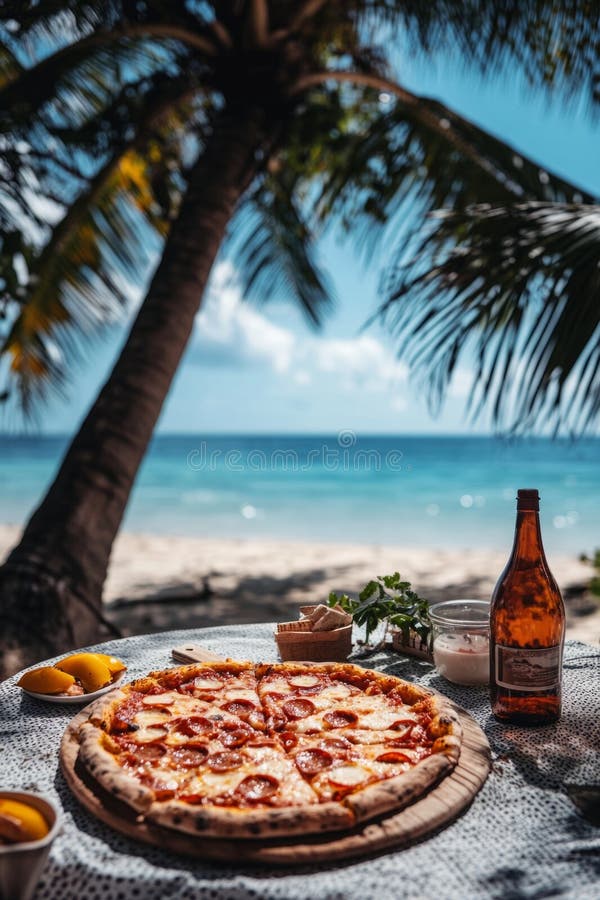 Pepperoni Pizza and a Bottle of Beverage are Served on a Table Under ...