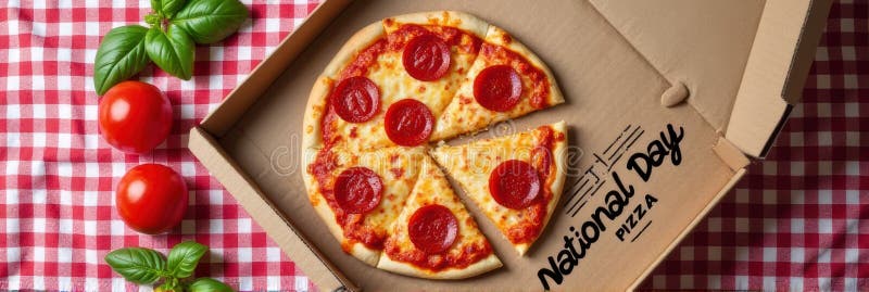 Pepperoni Pizza in Box on Red Checkered Tablecloth with Fresh Tomatoes ...