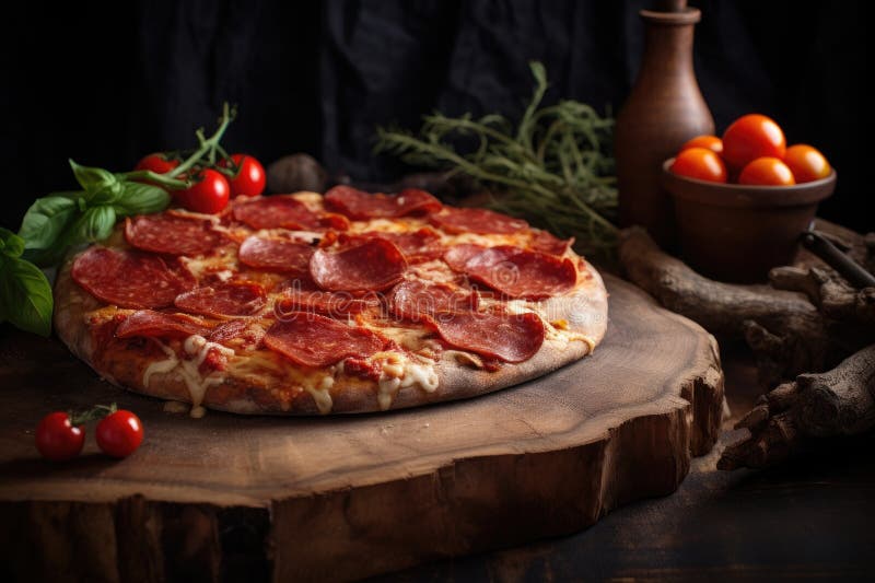 Pepperoni Pizza with a Crispy Crust on a Rustic Stone Slab Stock Photo ...